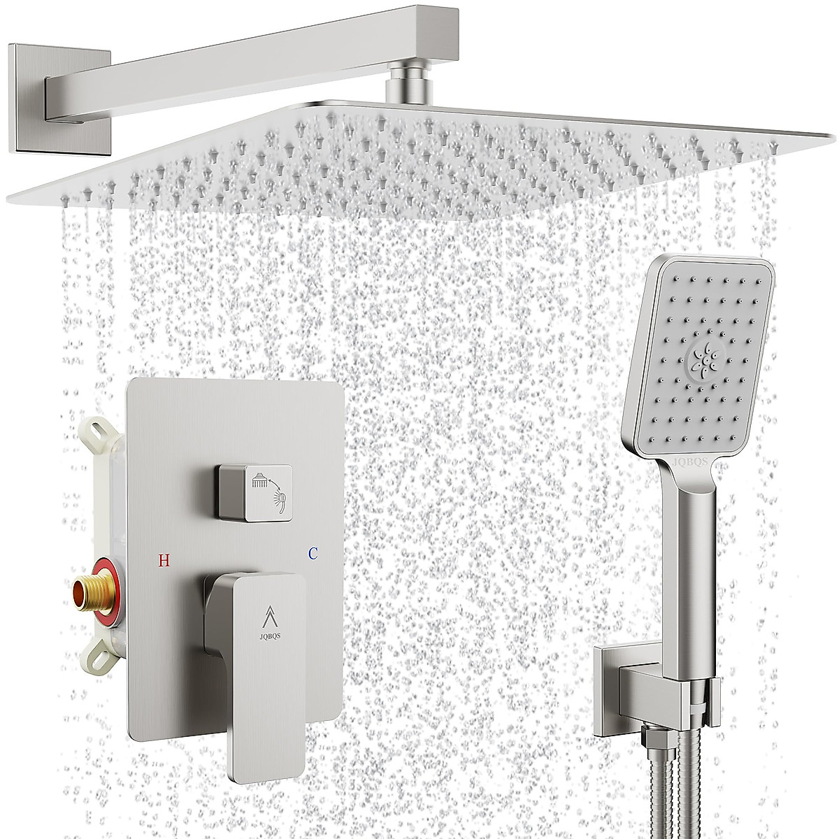 Shower System Modern Rain 12 inches Brass Shower Faucet Set With Valve and Diverter Shower Mixer With Handheld High Pressure Square Rainfall Shower Rough-in Valve (12‘’, Brushed Nickel)