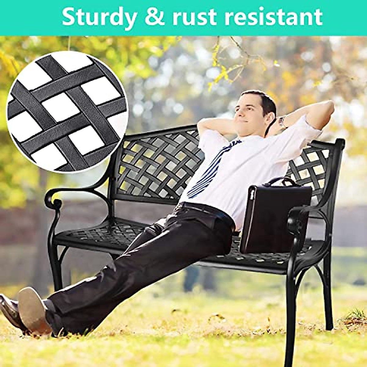 Grepatio Outdoor Patio Garden Bench All-Weather Cast Aluminum Loveseats Park Yard Furniture Porch Chair Work Entryway Decor w/Checkered Design(Black)