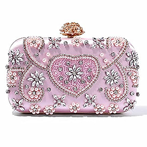 Yokawe Women's Evening Bags Rhinestone Party Prom Clutch Purse Pearl Beaded Beidal Wedding Handbag (Pink)