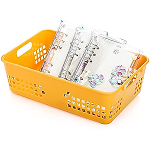 Jucoan 6 Pack Plastic Storage Basket, 12 x 7.5 x 4 Inch Large Colorful Classroom Organizer Bin, Shelf Drawer Organizer Tray with Handle for School, Classroom, Desktop, Drawer, Closet, Office, 3 Colors