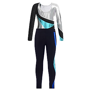 JEATHA Kids Girls Skating Dance Outfits Long Sleeve Gymnastics Leotard with Yoga Leggings Pants Set Activewear Blue A 12 Years
