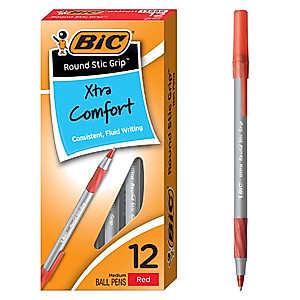 BIC Round Stic Grip Xtra Comfort Ballpoint Pen, Medium Point (1.2mm), Red, 12-Count