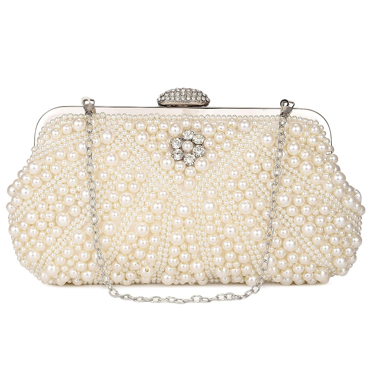 UBORSE Women Pearl Clutch Bag Noble Crystal Beaded Evening Bag Wedding Clutch with Pearl Chain (Cream-coloured)