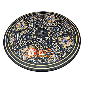 Black Marble Round Dining Top Table Pietra Dura Italian Inlay Art Furniture Decor | 48"x48" Inches