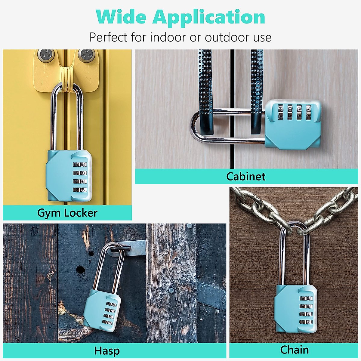 KAWAHA CL21AS 2.6 Inch Long Shackle Combination Lock, 4 Digit Combination Padlock Set Your own Combination for Gym Locker Lock, School, Gates, Doors, Toolbox, Hasps and Storage (Aqua Sky (L) *1)