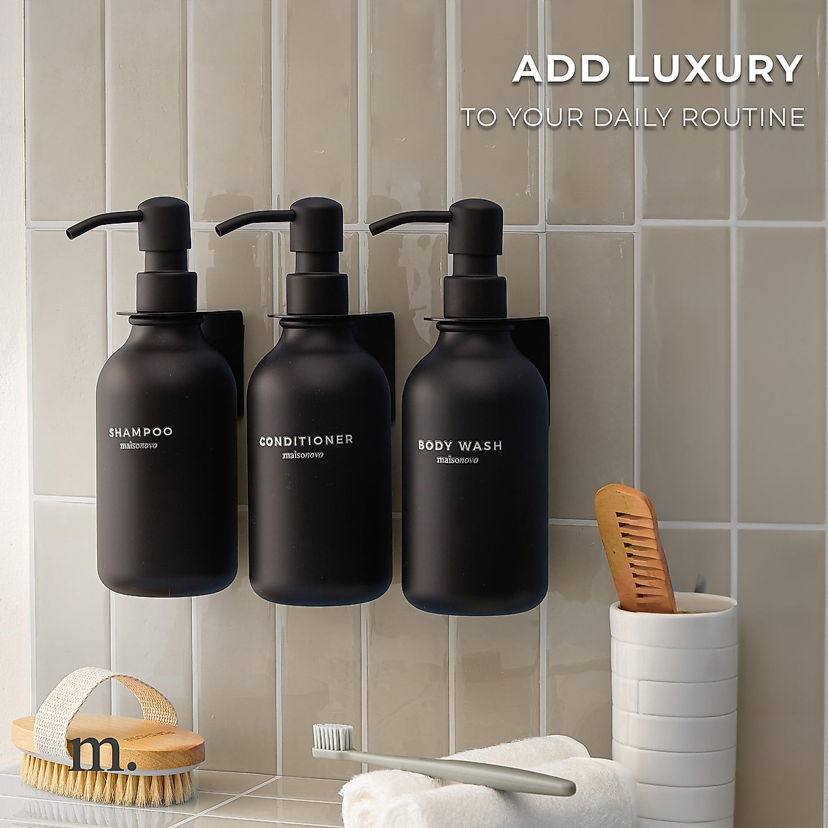 MaisoNovo Shampoo and Conditioner Dispenser - 3 Plastic Amber 3 Wall Mount Black - 3 Plastic Black 3 Wall Mount Black