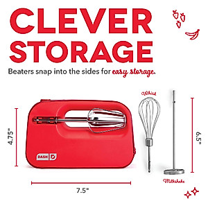 Dash SmartStore™ Deluxe Compact Electric Hand Mixer + Whisk and Milkshake Attachment for Whipping, Mixing Cookies, Brownies, Cakes, Dough, Batters, Meringues & More, 3 Speed, 150-Watt – Red