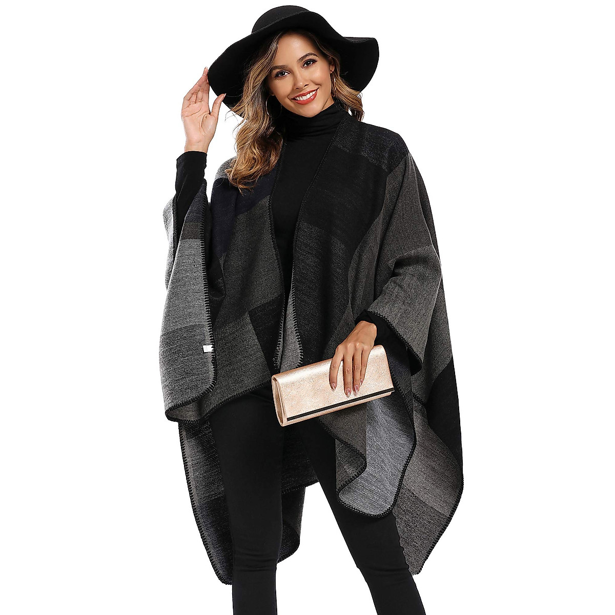 Epsion Women's Color Block Shawl Wrap Plus Size Cardigan Poncho Cape Open Front Long Winter Sweater Coat Black