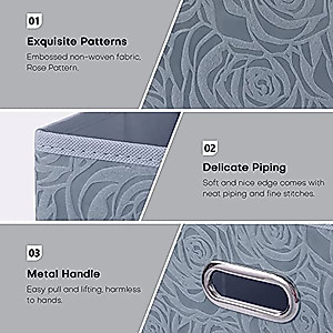 Lucky Monet 3 Pack Rose Pattern Storage Cubes Foldable Fabric Storage Bin Set with Handles Collapsible Storage Box Basket Closet Organizer Drawer (11"×11", Gray)
