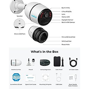REOLINK 4G LTE Cellular Security Camera Outdoor, Wireless Solar Powered Rechargeable Battery, 4MP Night Vision, Smart Person/Vehicle Detection, Time Lapse, No WiFi Needed, Go Plus with Solar Panel