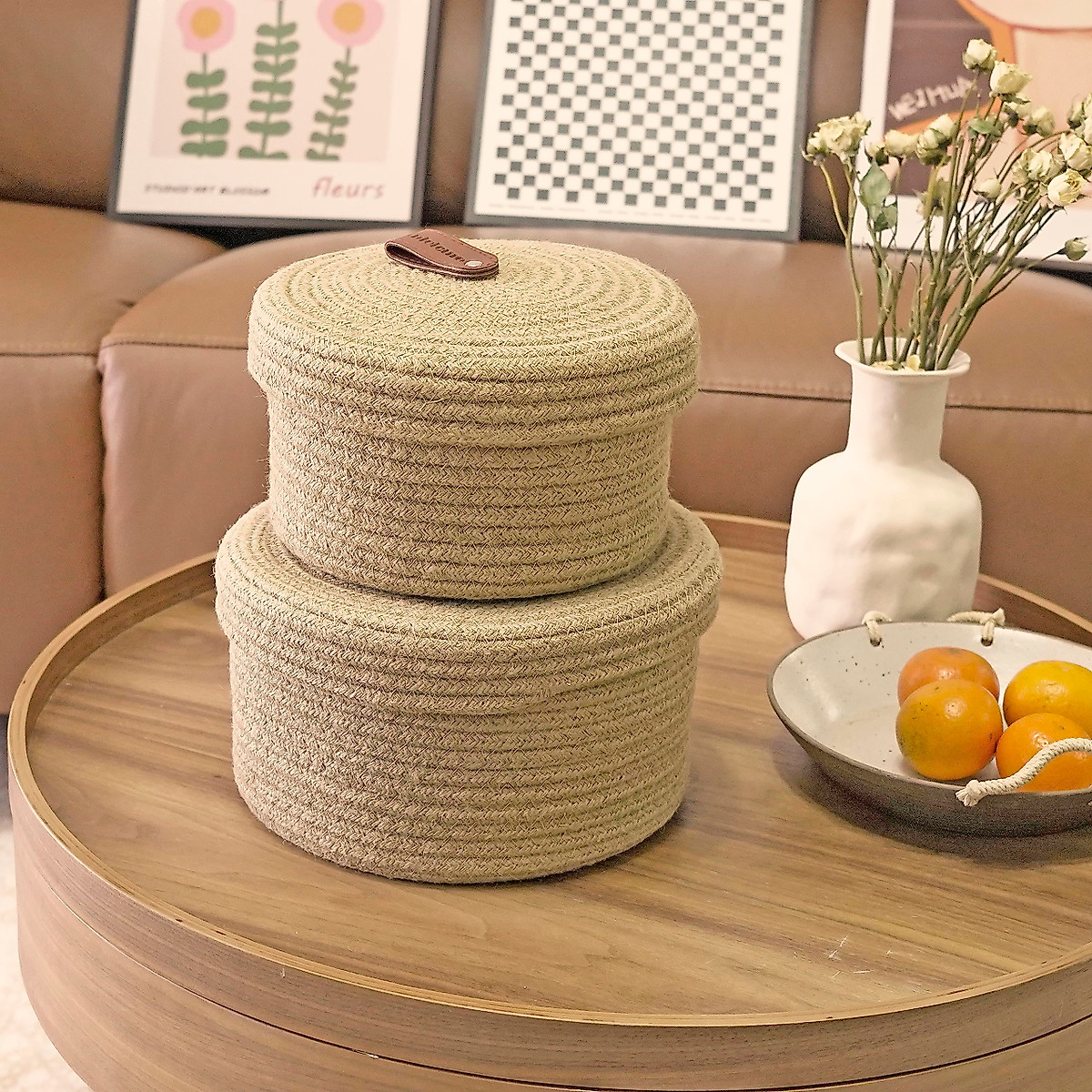 Aplolemo Jute Rope Basket with Lid,Decorative Woven Baskets with Lids,Leather Design Lidded Round Basket,Small Basket with lid,Storage Baskets with Lids-Set of 2（10"x6"/8.5"x5"）
