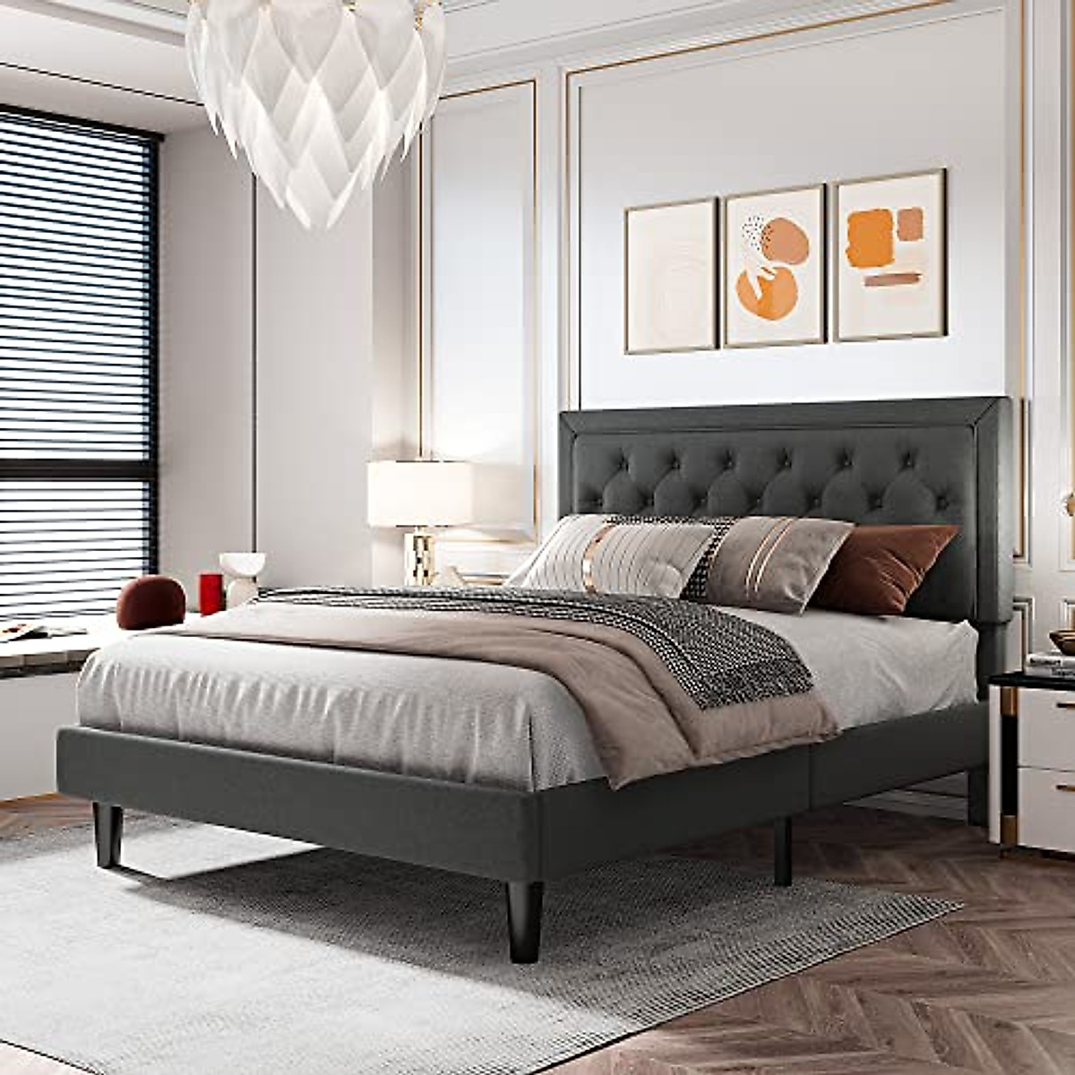 Einfach Queen Size Modern Deluxe Platform Bed Frame Button Tufted Fabric Upholstered Bed Frame with Adjustable Headboard/Strong Wood Slats Support/Mattress Foundation/Easy Assembly, Dark Grey