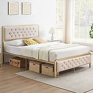 Amyove Golden Queen Size Bed Frame,Upholstered Bed Frame with Button Tufted Headboard,Heavy Duty Metal Easy Assembly,No Box Spring Needed (Beige, Queen)