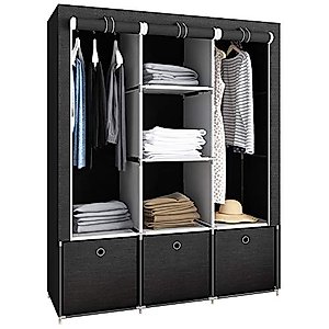 GHQME Fabric Wardrobe with 3 Drawers, Portable Clothes Closet Storage Organizer with Compartments and Rods (Black, 49.2” x 17.3” x 63.8”)
