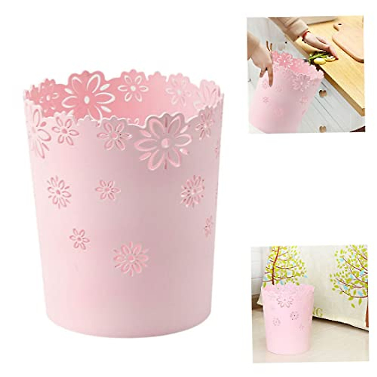 Round Trash Can Plastic Hollow Waste Paper Bin Flower Lace Rubbish Basket for Office Plastic Trash Can, Round Waste Bin, Rubbish Bin for Kitchen, Hollow Rubbish Basket, Flower Lace Garbage Can
