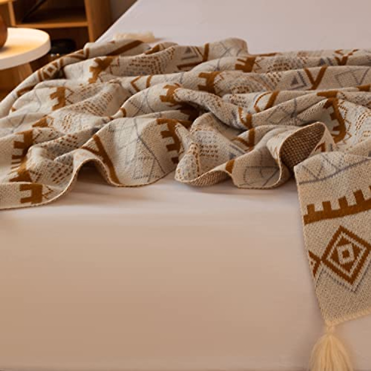 HT&PJ Knit Throw Blanket Boho Throw Blanket with Tassels Super Soft Warm Cozy Decorative Blanket for Bed, Sofa, Couch, Living Room All Seasons-Brown, 50"×60"