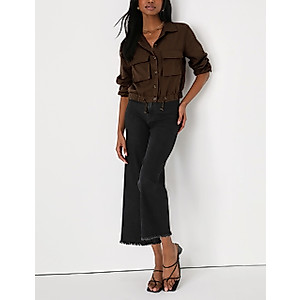 Vimyig Women's Lightweight Black Cropped Utility Jacket Military Safari Button Down Anorak Coat with Pockets(Brown-M)