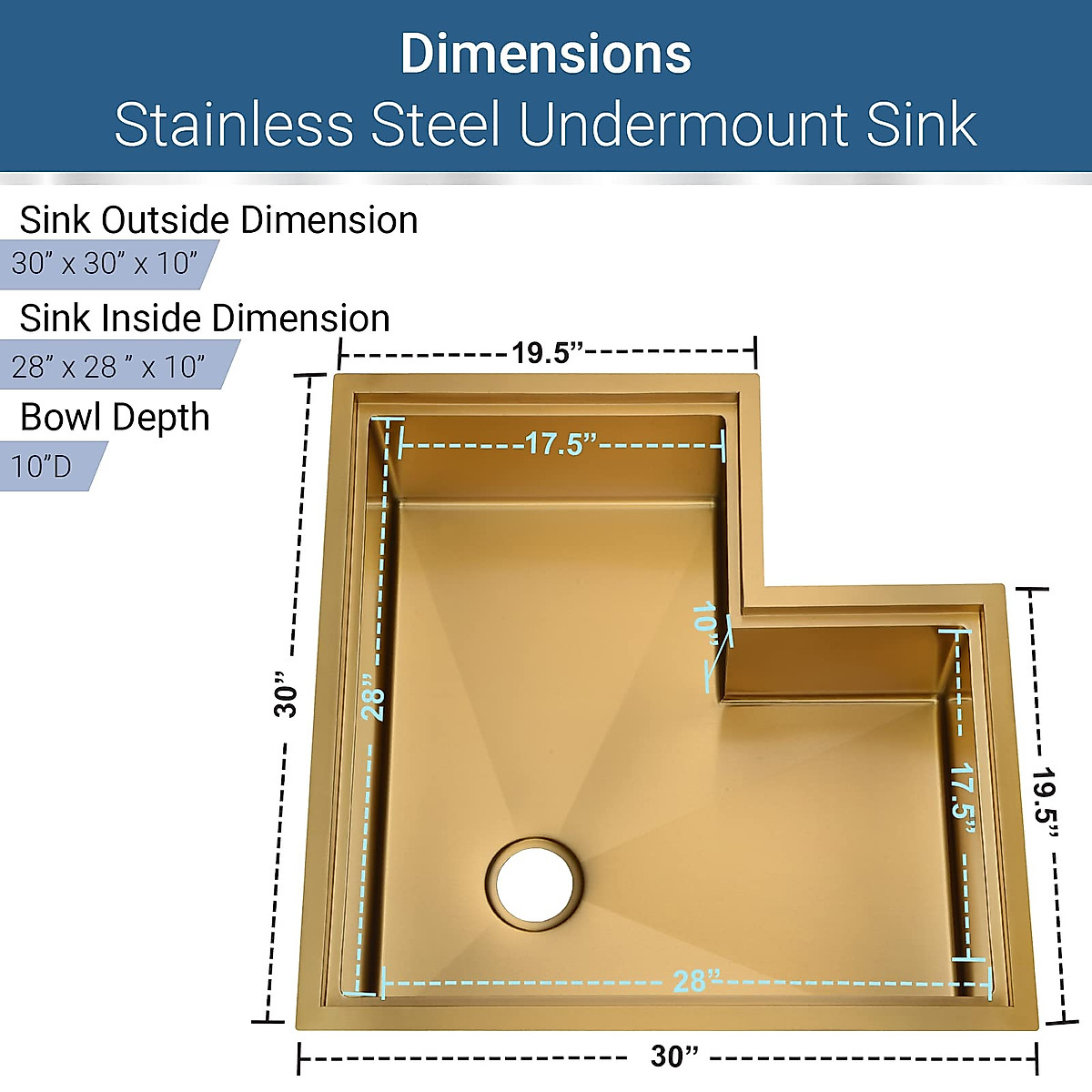 Strictly Sinks 30 Inch Corner Kitchen Sink Undermount - 16 Gauge Stainless Steel Sink Undermount, Scratch & Stain Resistant Corner Single Bowl Workstation Sink with Accessories (Gold)