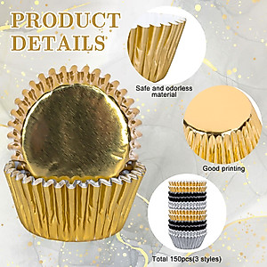 Whaline 150Pcs Graduation Cupcake Liners Congrats Grad Foil Baking Cups Black Silver Gold Foil Metallic Cupcake Wrappers for College High School Birthday Party Supplies Table Decor