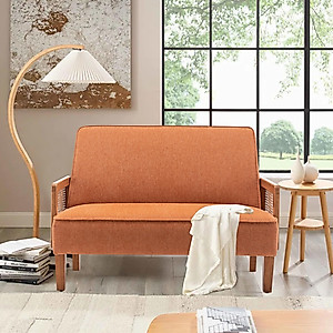 Changjie Furniture Rattan Sofa Small Loveseat Sofa Couch with Arms Upholstered Small Love seat Mini Sofa Couch for Bedroom Living Room Orange
