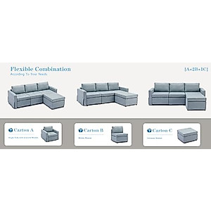 Convertible Modular Sectional Sofa Sleeper Couch,Free Combination Sofa Couch for Living Room,Seat Cushion and Back Cushion Removable and Washable,Light Blue (3 Seater with 1 Ottoman)