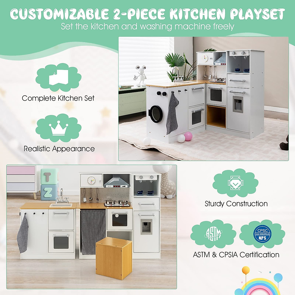 Costzon 2-Piece Kids Kitchen Playset, Wooden Pretend Play Kitchen & Washing Machine Toy Set w/Realistic Light & Sound, Coffee Maker, Water Dispenser, Stove, Utensils, Sink