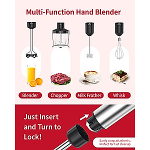 Electric Immersion Blender Handheld 1200W, 5-in-1 Hand Blender Mixer for Kitchen with 20-Speed & Turbo Boost, 600ml Chopper, 800ml Beaker, Whisk and Milk Frother for Soup, Smoothie, Puree, Baby Food
