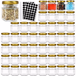 STARSIDE 48 Pack 1.5 oz Hexagon Glass Canning Jars with Gold Lids, Mini Jam Jars for Honey,Sauce,Baby Foods, Wedding Favors,DIY Small Spice Jars. Include 1 Pen and 80 Labels.