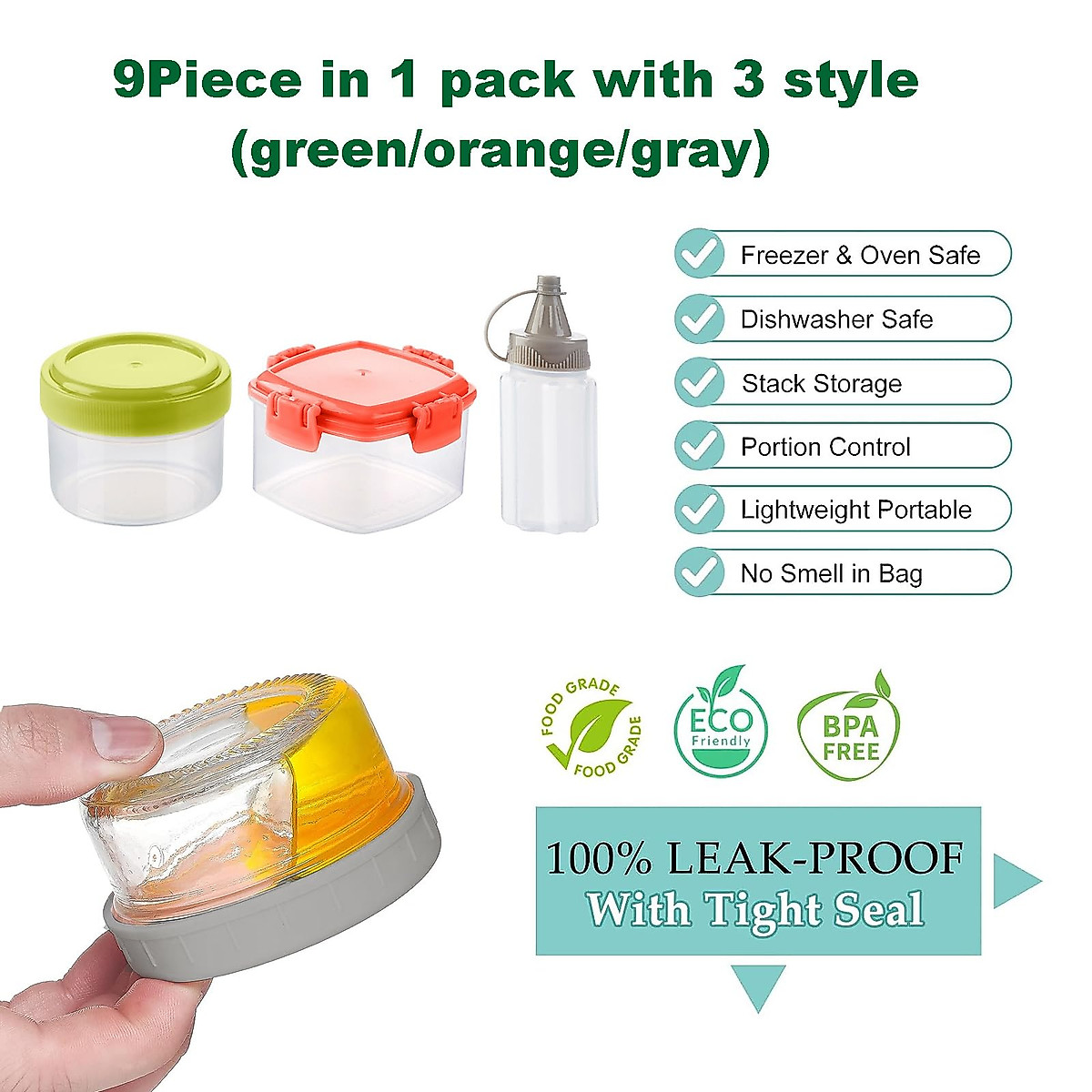 9 Pack Mini Plastic Sauce Squeeze Bottles Seasoning Boxes Salad Dressing Containers, Tiny Condiment Squeeze Bottles for Kids Lunch Box Accessories, 1-2 Ounce ( 3 style, orange/green/gray)