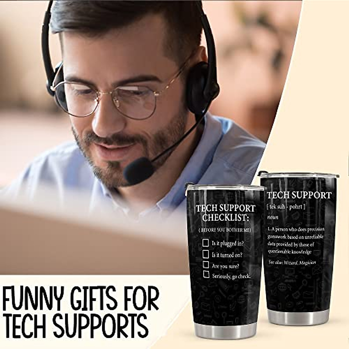 HZIZI 20oz Tech Support Tumbler With Lid Funny Tech Support Checklist IT Helpdesk Hotline Information Technology - Tech Support Gifts for Men Technical Support Computer Engineer Funny Coffee Mug
