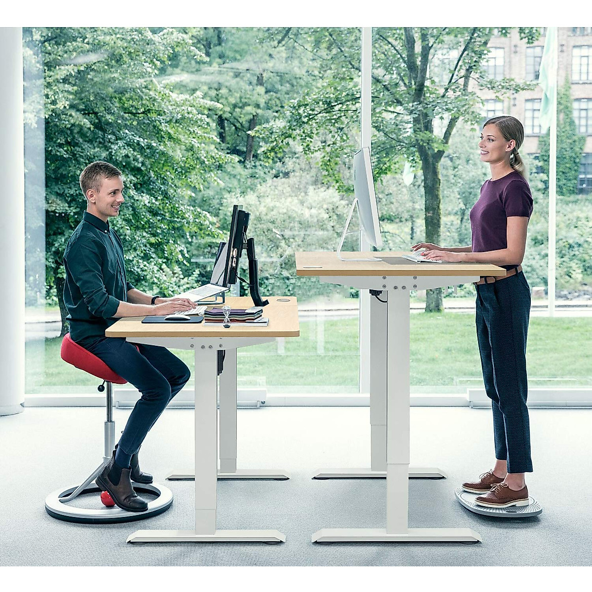 Homall Electric Height Adjustable Standing Desk 55 x 28 Inches Computer Desk Stand Up Home Office Workstation Desk T-Shaped Metal Bracket Desk with Wood Tabletop and Memory Settings （Beige）