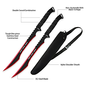 DISPATCH 2pc Ninja Tactical Twin Katana Samurai Sword Machete Fixed Blade Combat Set with Sheath for Hunting, Outdoor Camping, Survival