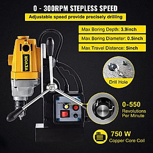 VEVOR Magnetic Drill, 550RPM No-load Speed Electromagnetic Drill Press, 2.16" Depth 1.57" Dia Magnetic Core Drill, 2700LBS Boring Tool Drill Press, w/ 1100W Drill Press, Yellow and Black Drill Machine