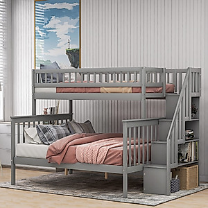 Harper & Bright Designs Twin Over Full Bunk Beds with Stairs, Wood Bunk Bed with Storage and Guard Rails,Bunk Beds Twin Over Full Size for Kids, Bedroom, Dorm, Teens, Adults, Grey
