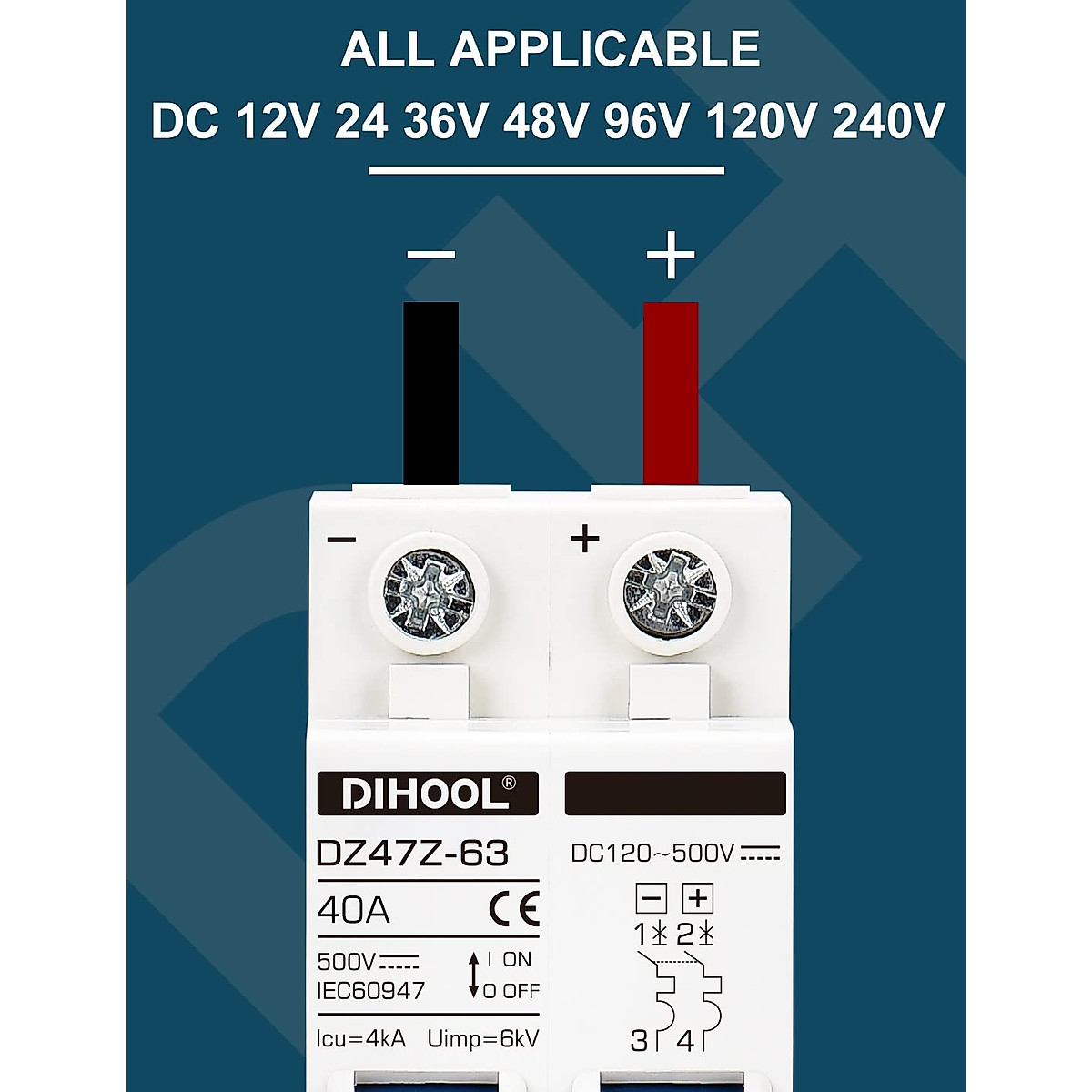 DIHOOL 40 Amp dc circuit breaker, 2-pole 500V DIN Rail Mount solar disconnect switch for Solar panels