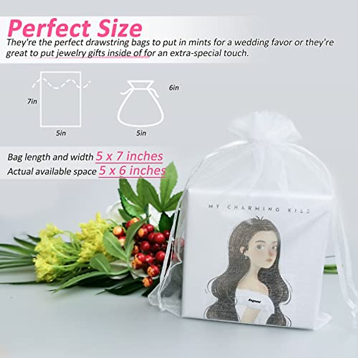 Angooni 5x7 Inch White Organza Gift Bags, 100PCS Premium Sheer Mesh Drawstring Pouch for Jewelry Candy Party Wedding Favor