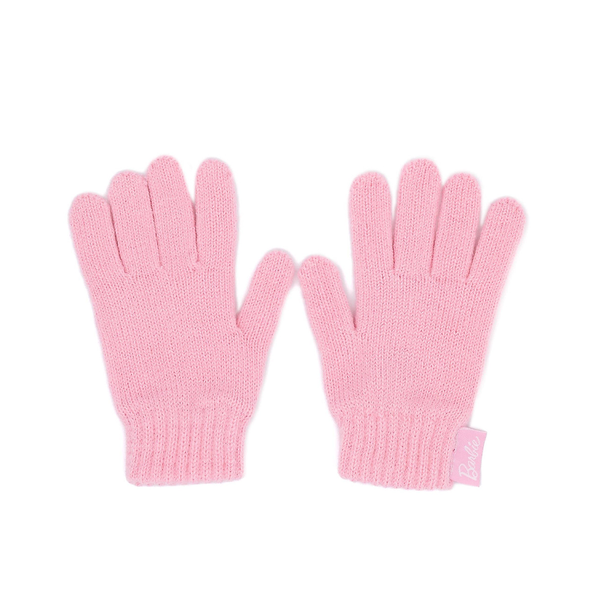 Barbie Hat and Gloves Kids Girls Pink Logo Knitted Pom Winter Beanie