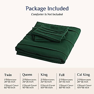 Argstar 3 Pieces Pleated Duvet Cover Queen Set, Forest Green Boho Textured Duvet Cover, 100% Washed Microfiber Soft Striped Comforter Cover With Zipper & Ties (1 Dark Green Duvet Cover, 2 Pillowcases)