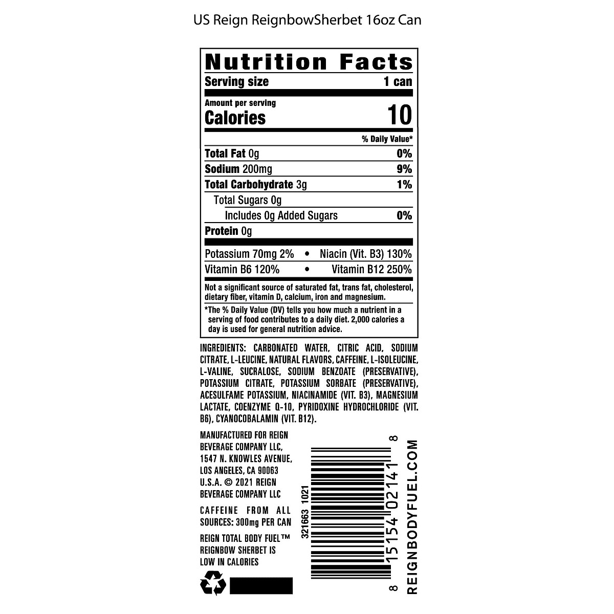 REIGN Total Body Fuel, Reignbow Sherbet, Fitness & Performance Drink, 16 Fl Oz (Pack of 12)