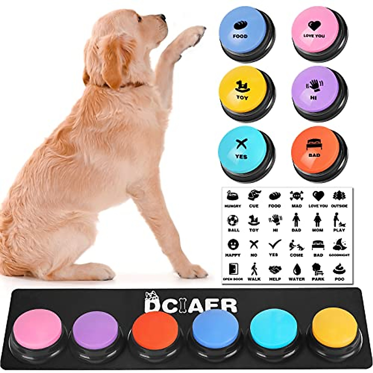 DCIAER Dog Buttons for Communication,Talking Buttons for Dogs,6 Recordable Sound Buttons + 24 Scene Patterns + 1 Dog Button Mat+ 12 AAA Batteries，30 Seconds Dog Buttons for Pet Sound Training Toy