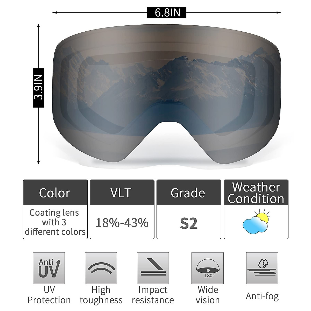 RABIGALA Ski Goggles with Detachable Lens, Frameless Magnetic Interchangeable Lens Anti-Fog 100% UV Protection Snowboard Snow Goggles (silver/blue)