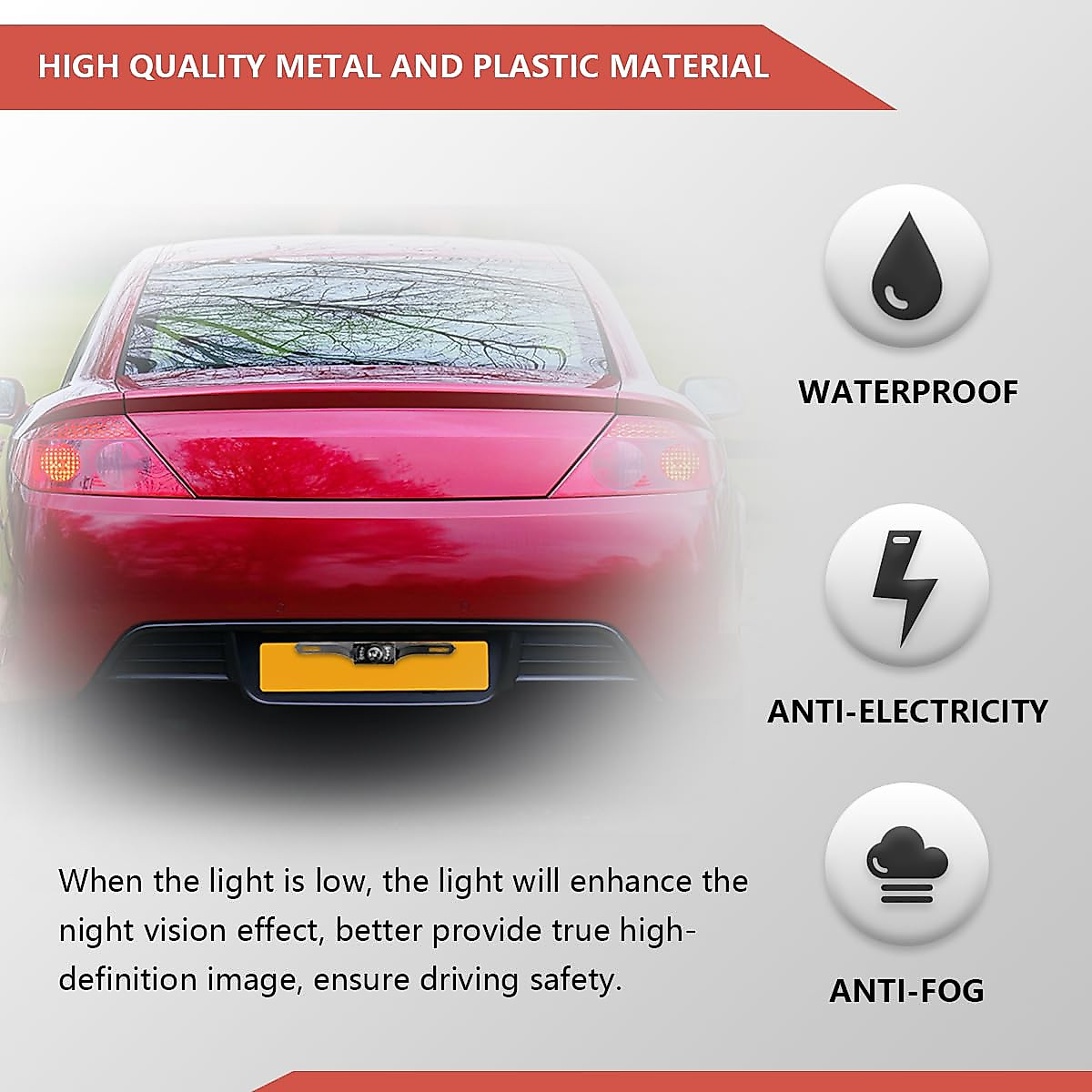 Kewucn Car Backup Camera, Wide-Angle Night Vision Reversing Parking Camera with 7 Infrared LED, IP68 Waterproof License Plate Backup Camera, Universal Rear View Cam for Most Vehicle