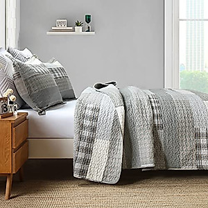 KALOOLA Grey Quilts Queen Size, 100% Cotton Queen Quilt Bedding Set, Farmhouse Rustic Striped Bedspreads, Lightweight Coverlet for All Seasons, 3 Pieces