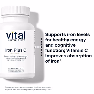 Vital Nutrients Iron Plus Vitamin C | Vegan Iron Supplement | 20mg Iron with Vitamin C to increase Iron and Energy Levels | Gluten, Dairy and Soy Free | Non-GMO | 100 Capsules