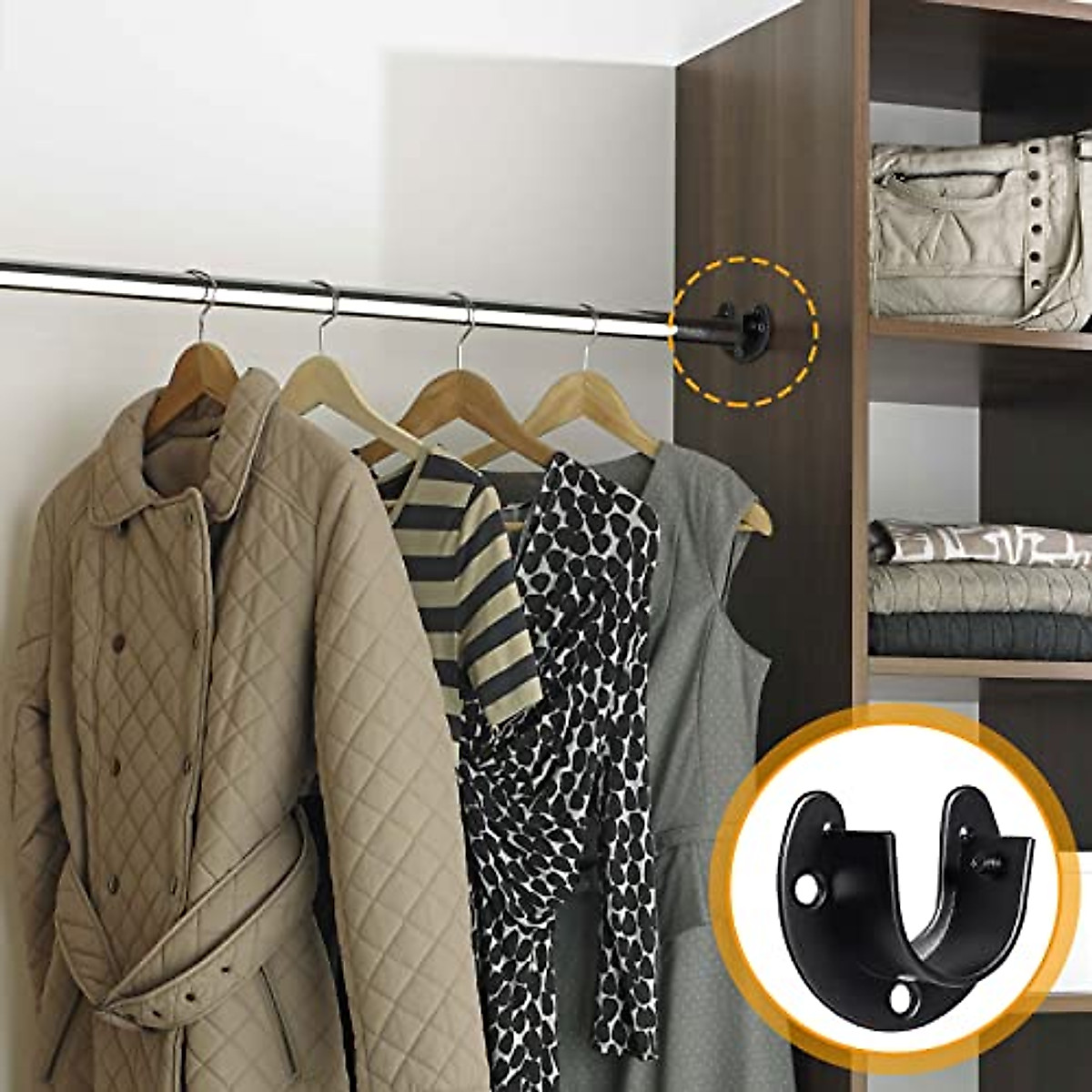 JMIATRY 12 PCS Closet Rod Brackets 1 Inch Closet Pole Socket Metal Closet Rod Brackets Heavy Duty Closet Rod Support Bracket U-Shaped Open Black Closet Rod Holders with Screws