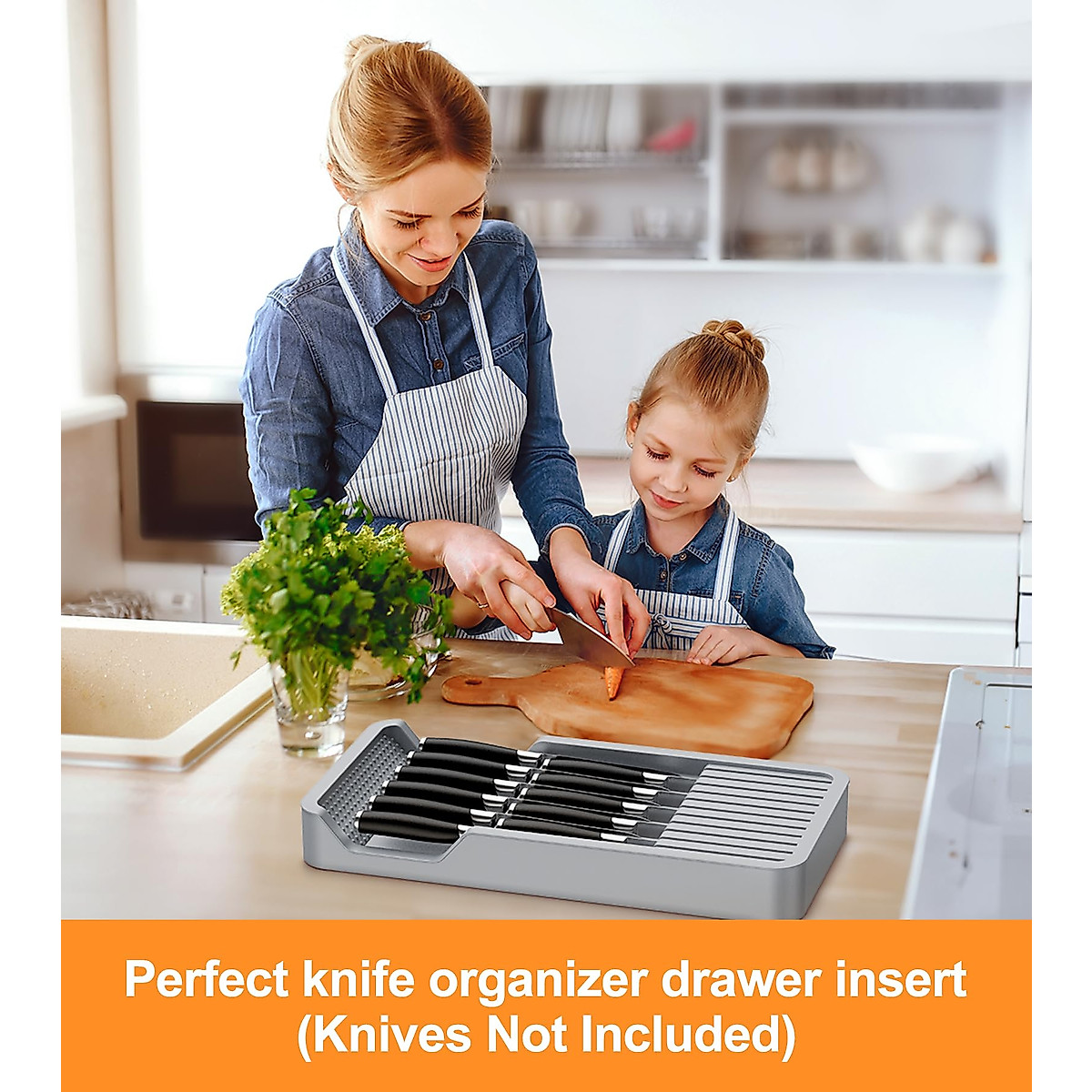 RISHTEN Kitchen Knife Drawer Organizer Grey, In Drawer Knife Block Holder with Expandable Cutlery Tray Compact Organization Drawer Storage Holds Up To 11 Knives (Including Hooks&Sponges)