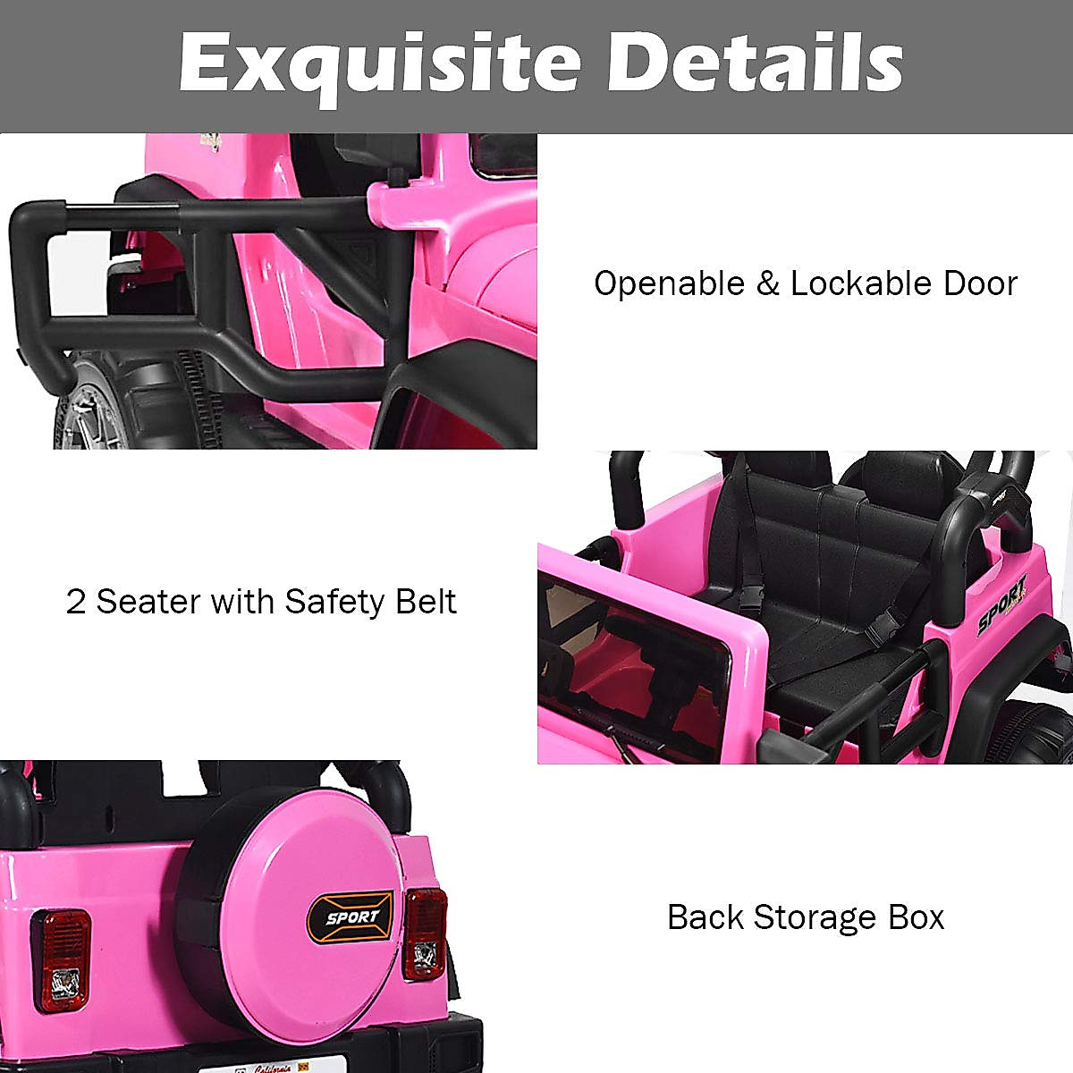 HONEY JOY 2 Seat Ride On Truck, 12V Off-Road Ride On Car with Remote Control, Slow Start, Spring Suspension, LED Lights, Music, 3 Speeds, Battery Powered Electric Vehicle for Two Kids(Pink)