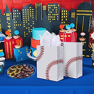 durony 16 Pieces Baseball Party Favor Bags with Handles Tissue Paper Baseball Gift Paper Bags Goodie Candy Treat Bags for Birthday, Baseball Themed Party Supplies (8.6 x 6.2 x 3.1 Inches)