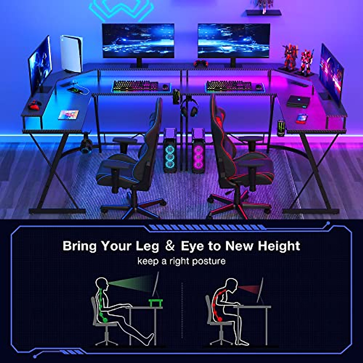 Mr IRONSTONE Gaming Desk with Led Lights ＆Power Outlet, L Shaped Computer Corner Desk with Cup Holder ＆ Headphone Hook, Carbon Fiber Home Office Desks with Large Monitor Stand, Graphite Black, 50''