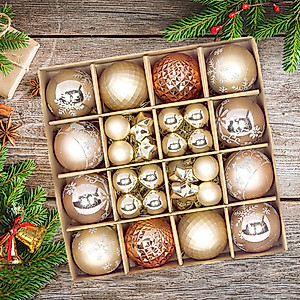 shamjina 44x Christmas Balls Ornaments, Xmas Tree Decor Christmas Hanging Decoration Shiny Bauble Set, Decorative Xmas Balls, Champagne Gold